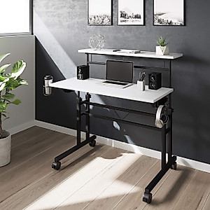 LKKRO Rolling Writing Desk with Height Adjustable Desktop and Moveable Shelf, White
