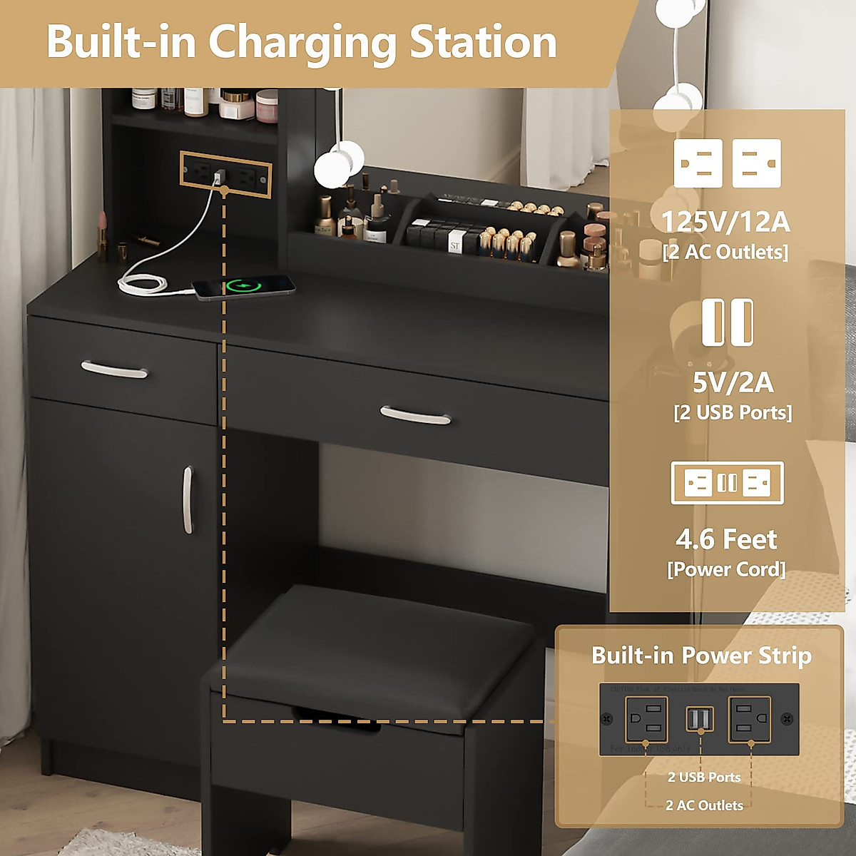 Fameill Makeup Vanity Desk with Lighted Mirror & Power Strip,Black Vanity Table Set with Lights and Lots Storage,2 Drawer Makeup Table,3 Lighting Colors,35.4in(L)