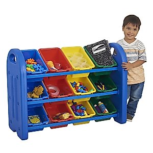 ECR4Kids 4-Tier Toy Storage Organizer for Kids, Blue with 12 Assorted Color Bins