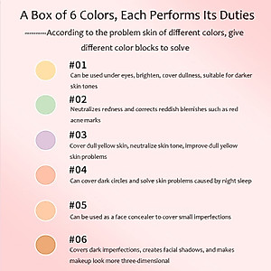 6 Colors Correcting Concealer Palette, Makeup Cream Contour Palette with Brush, Contouring Foundation Highlighting Concealer Palette for Conceals Dark Circles, Redness, Acne, Blemish