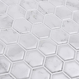 In Home InHome NH2359 Hexagon Marble Peel Stick Backsplash Tiles, White & Off-White
