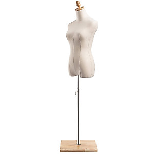 Female Display Dress Form Mannequin in Natural Canvas on Modern Wood Flat Square Base by TSC (Natural, Medium)