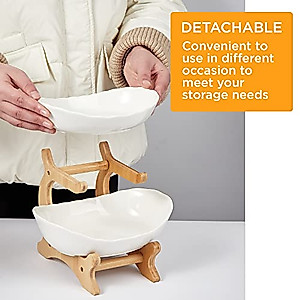 ERFEI Fruit Bowl Oval Ceramic Bowls with Wood Rack Tied Serving Tray Food Display Stand Bowl for Kitchen Counter, Home, Parties (2 tier)
