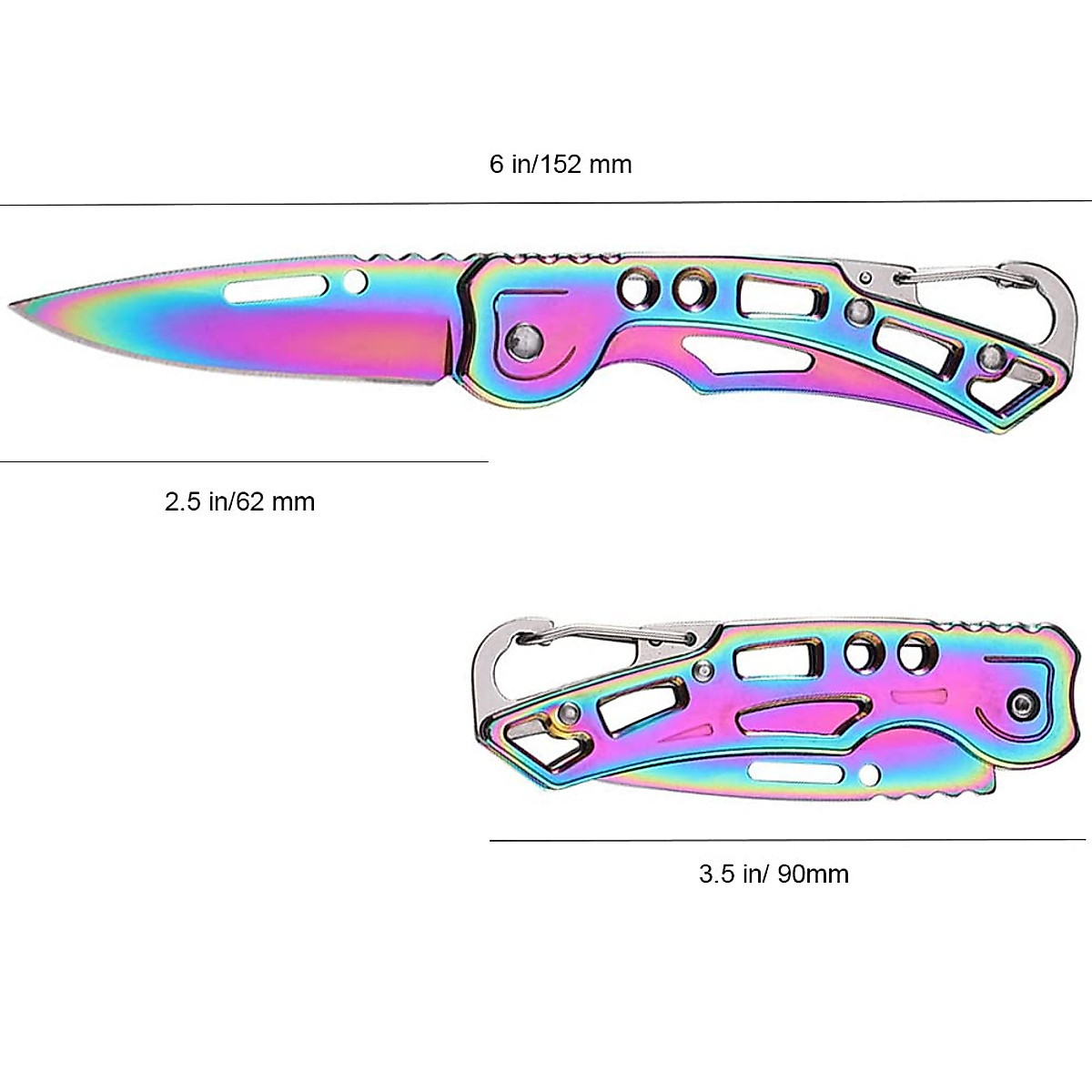 WWZJ 2 Pack Pocket Knife (Multicolored Titanium) with Key Ring Easy To Everyday Carry, Folding Knife Self-Defense