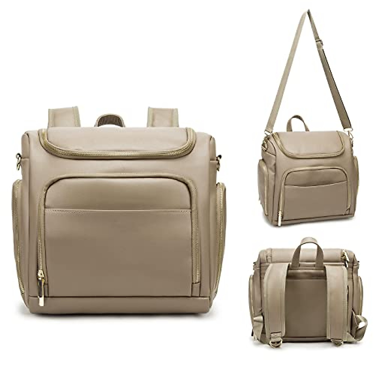 Leather Diaper Bag Backpack with Changing Pad - Multi-Function Large Capacity Baby Bag with Adjustable Shoulder Strap & Stroller Straps