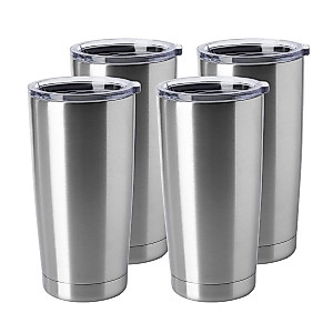 HASLE OUTFITTERS 20oz Stainless Steel Tumblers Bulk, Insulated Travel Cup with Lid, Double Wall Vacuum Coffee Mug for Cold & Hot Drinks 4 Pack, Silver