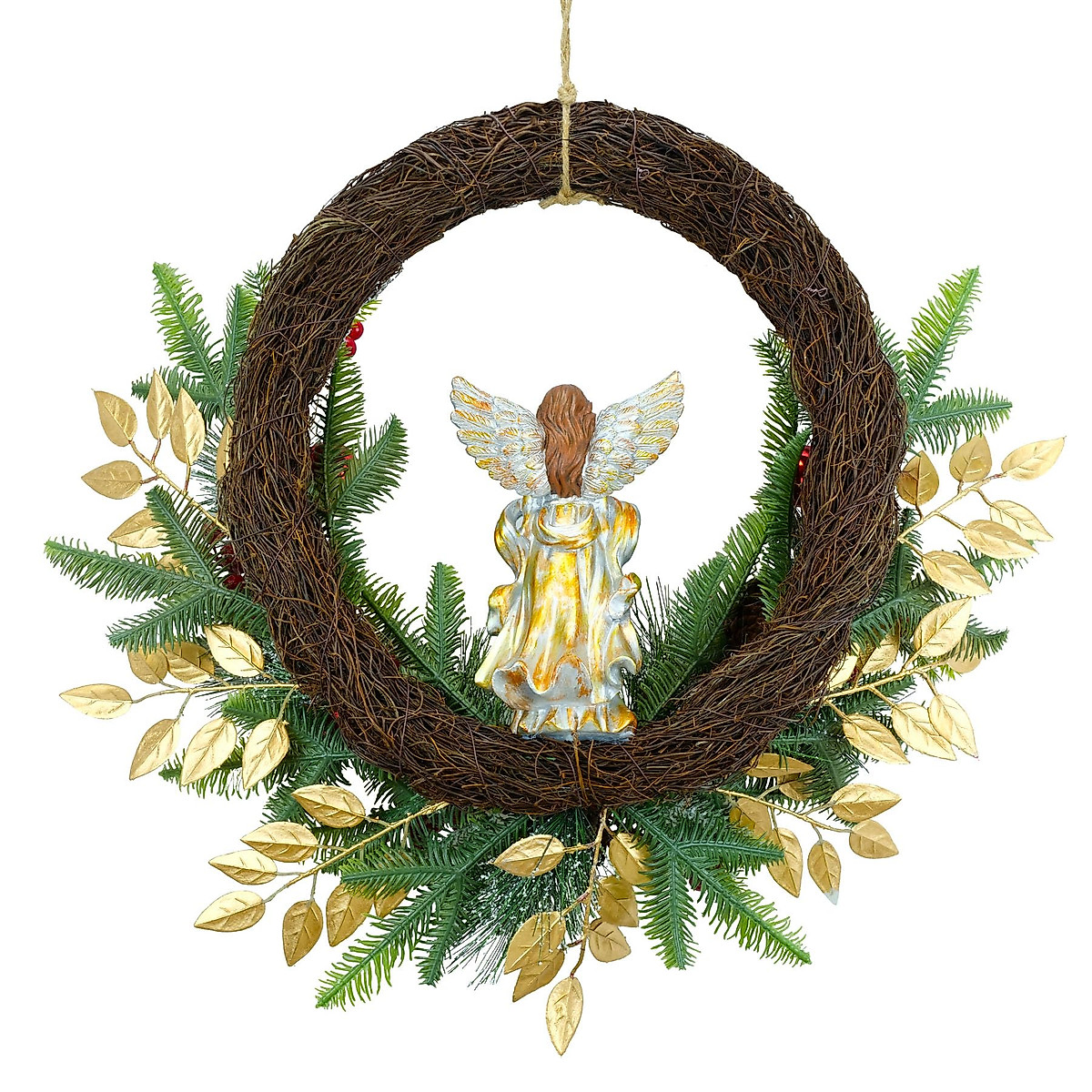 24" Angel Christmas Wreath, Artificial Holiday Wreath with Resin Angel Statue, Natural Rattan Ring & Pine Cones, Golden Leaves, Red Baubles, Spruce Branches, Snowy Pine Needles (Angel)