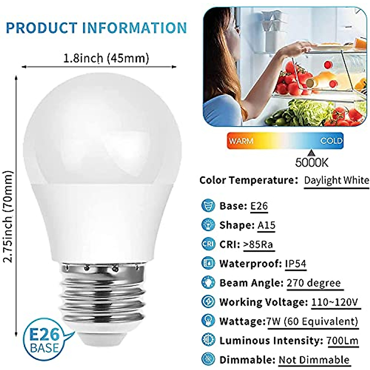 KINDEEP 7W Refrigerator Light Bulb, A15 LED Bulb, 60 Watt Equivalent, Daylight White 5000K, 700LM, Waterproof Appliance Fridge Light Bulb, Ceiling Fan, Non-Dimmable, E26 Medium Base, 2 Pack