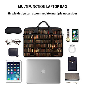 Vintage Bookshelf Laptop Computer Bag Waterproof Shoulder Messenger Bag 13-15 inch Durable Laptop Tote Bag with Shoulder Strap Handle Lightweight Crossbody Briefcase