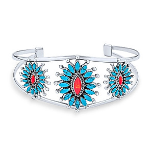 Personalize South Western Navajo Style Orange Red Coral Blue Turquoise Zuni Needlepoint Jewelry Flower Blossom Wide Cuff Bracelet For Women .925 Sterling Silver Customizable