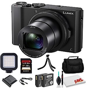 Panasonic Lumix DMC-LX10 Digital Camera (DMC-LX10K) - Bundle - with 128GB Memory Card + LED Video Light + Soft Bag + DMW-BLH7 Battery + 12 Inch Flexible Tripod + Cleaning Set