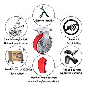 6"X 2" Heavy Duty Casters - Industrial Casters Polyurethane Caster with Strong Load-bearing Capacity 1200 LB, Rigid Caster, Widely Used in Furniture,WorkBrench,Tool Box(1 Rigid)