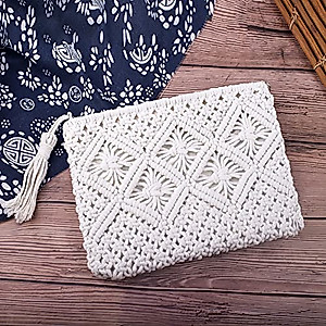 DIGOGO Women's Straw Clutch Purse Summer Beach Handbag Cotton Crochet Bohemian Purse White