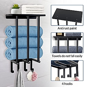 Bathroom Towel Rack with 4 Hooks - Wall Mount Towel Holder for Bathroom with Metal Shelf, Ideal Bathroom Storage Organizer and Decor（Black）
