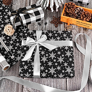 FIEHALA Reversible Christmas Wrapping Paper Jumbo Roll - Black Buffalo Plaid & Snowflakes Patterns - 30 inches x 100 Feet