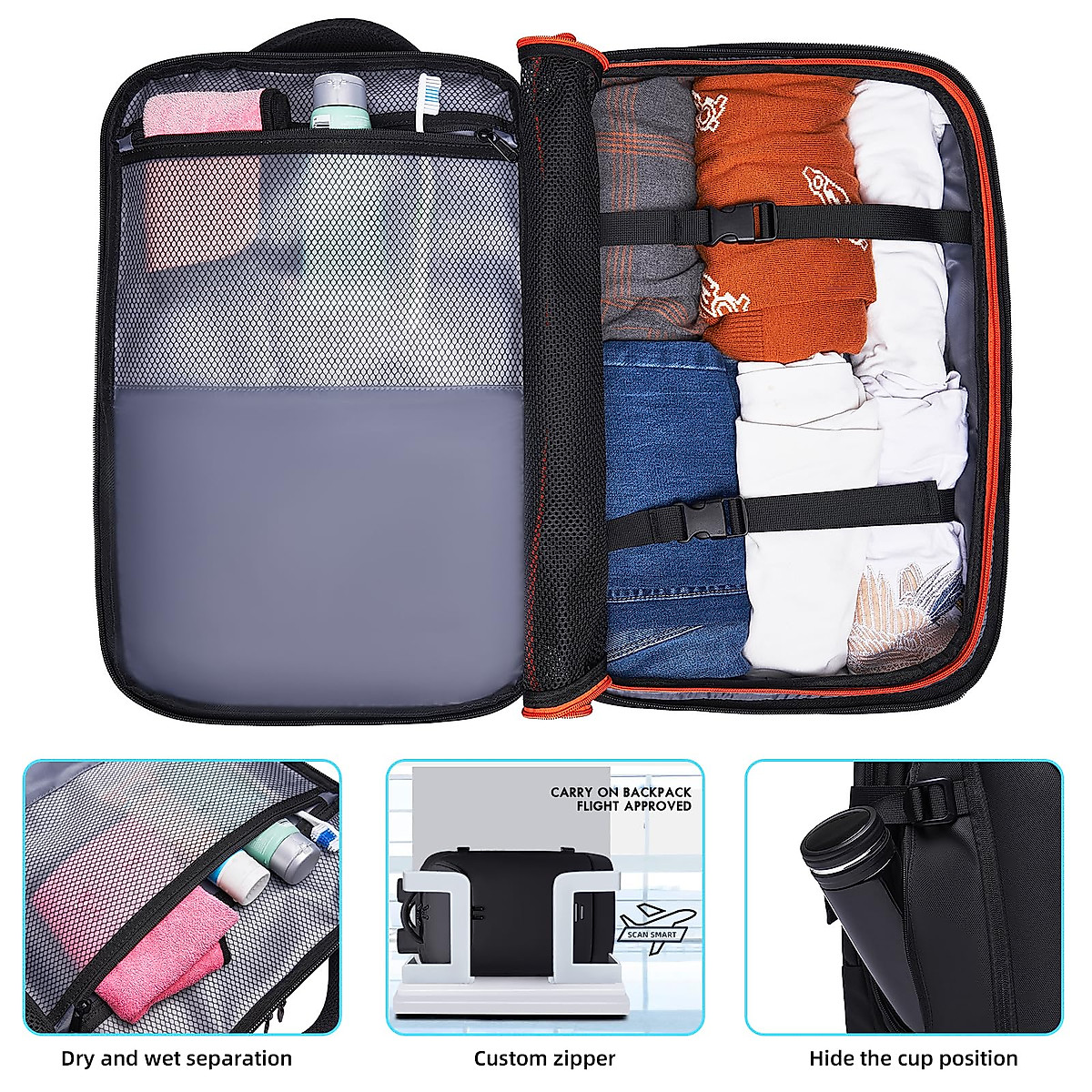 TANGCORLE Carry on Backpack for Women Men 40L Flight Approved Travel Backpack Fit 17 Inch Laptop with USB Charging Expandable Business Weekender