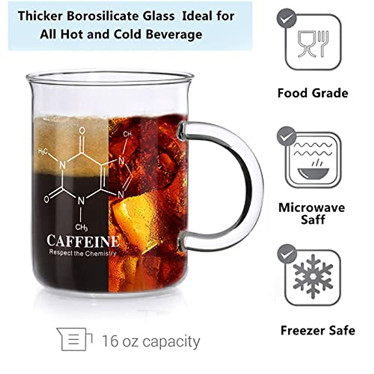 Caffeine Beaker Mug, Caffeine Molecule Mug - Chemistry Mug 16 oz Borosilicate Glass Coffee Mugs with Handle and Measuring for Coffee, Latte, Tea or Hot and Cold Beverage, Tea Coffee Mug by Amugo