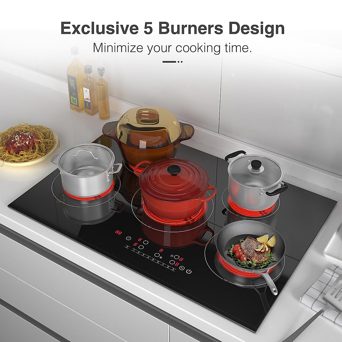 VBGK Electric cooktop 30 inch, 5 burner Electric Stove Built-in and Countertop Electric Stove Top, LED Touch Screen,9 Heating Level, Timer & Kid Safety Lock, 240V 30 inch Electric cooktop