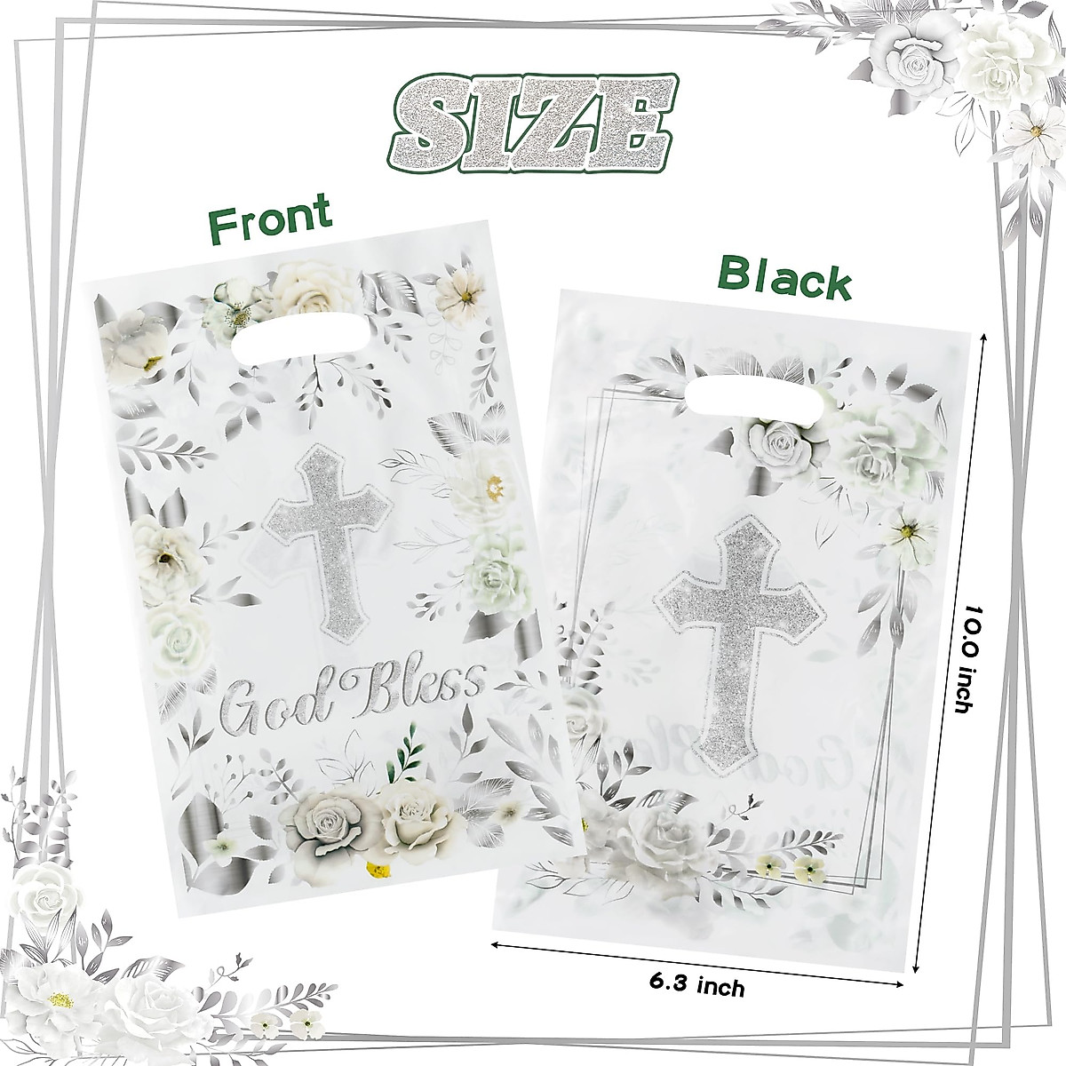 50Pcs Treat Party Bags Summer Sliver White Gold Party Favors Back to School Supplies Bags Print Easter Cross God Bless with Plastic Gifts Birthday Snack Bags Baptism First Communion Favor Supplies