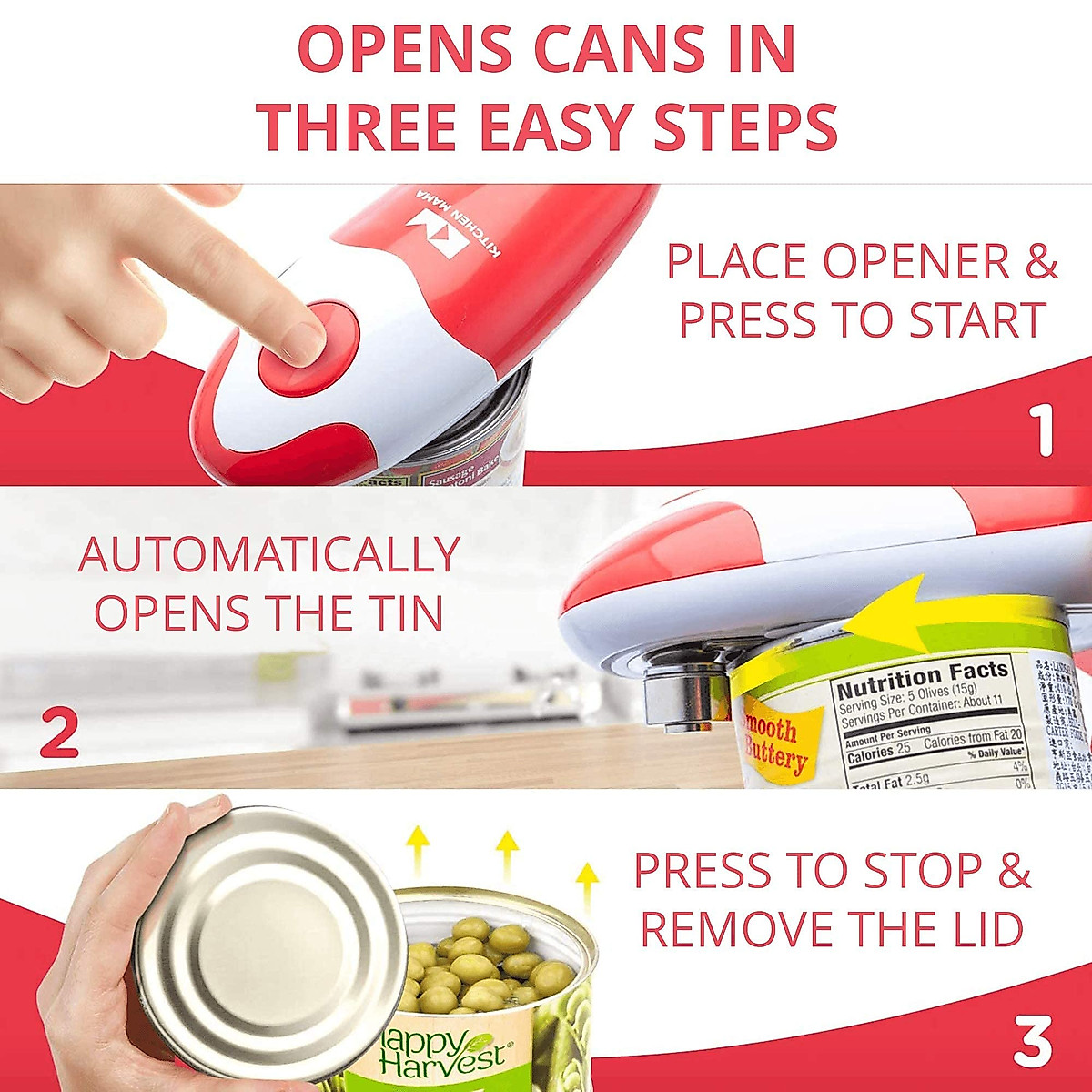 Kitchen Mama Electric Can Opener: Smooth Edge, Food-Safe and Battery Operated Can Opener (Bundle Red and White)