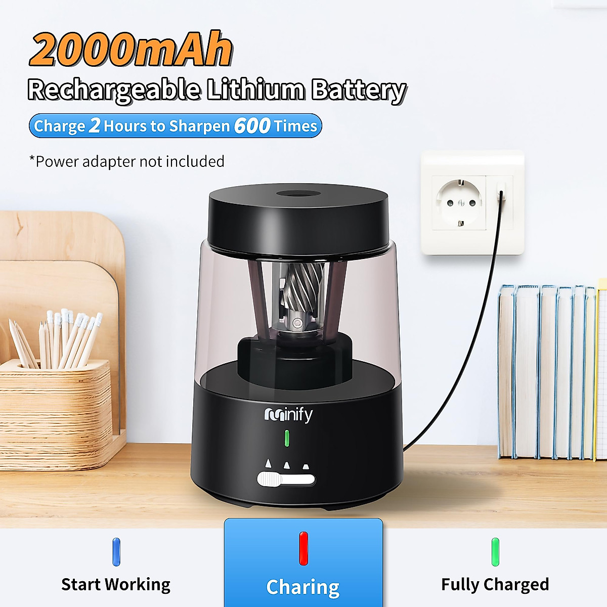 Pencil Sharpener Minify Electric Pencil Sharpener Heavy Duty Blade Rechargeable Battery Powered Pencil Sharpeners for 6-8mm Colored Pencils Auto Stop Fast Sharpen in 3s Ideal for Office/School/Home