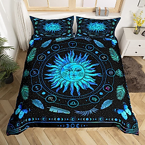 Sun and Moon Comforter Cover Constellations Astrology Bed Sets Moon Phase Duvet Cover King Green Botanical Leaves Bedding Exotic Feather Bedspread Cover with Zipper Closure Black Blue 3 Pieces Cozy