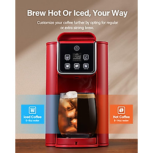 SHARDOR Single Serve Coffee Maker, Hot and Iced Coffee Machine for K Cup Pods & Ground Coffee, 6 to 14 Oz Brew Sizes, with 50 oz Large Water Tank, Removable Drip Tray, Stainless Steel, Red
