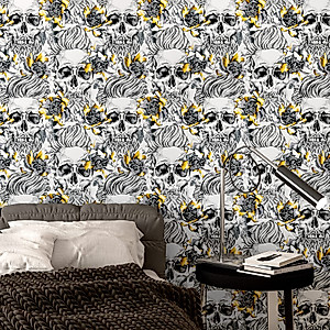 STICKEEP Skull Floral Wallpaper Stick and Peel Boho Gold Floral Peel and Stick Wallpaper for Bedroom Bathroom Wall Paper Black White Floal Contact Paper for Cabinets Self Adhesive Vinyl Roll 24”x118”