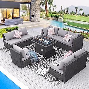 BULEXYARD Grey PE Wicker Patio Furniture Sectional Conversation Sofa Set with 43" Propane/Natural Gas Fire Pit Table, Large Size High Back Outdoor Furniture Set with Fireplace(9Pcs-A, Light Grey)