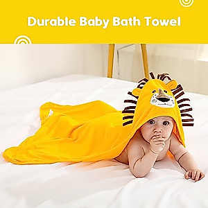 SYNPOS Baby Towels Hooded, Hooded Baby Towel with 5 Washcloths, Ultra Absorbent, Perfect Newborn Essential Cute Lion Design - 30 x 30 Inch