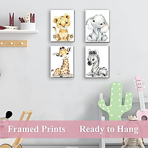 Kiddale Baby Watercolor Animals Wall Art Prints Set of 4 (8x10),Tiger Elephant Zebra Giraffe Safari Animals Pictures Nursery Decor Art,Stretched and Framed Ready to Hang