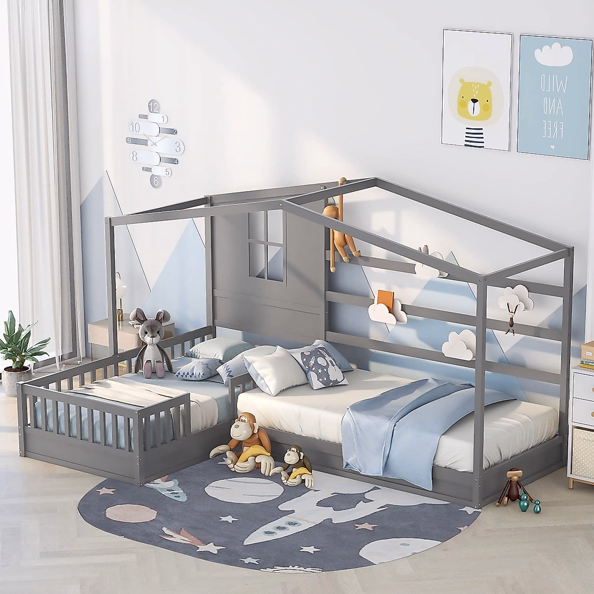 L Shaped Bed Frame with Roof, Twin Corner Bed House Bed for Kids, Solid Wood Twin Platform Bed Frame for 2 People (Twin Size, Gray)