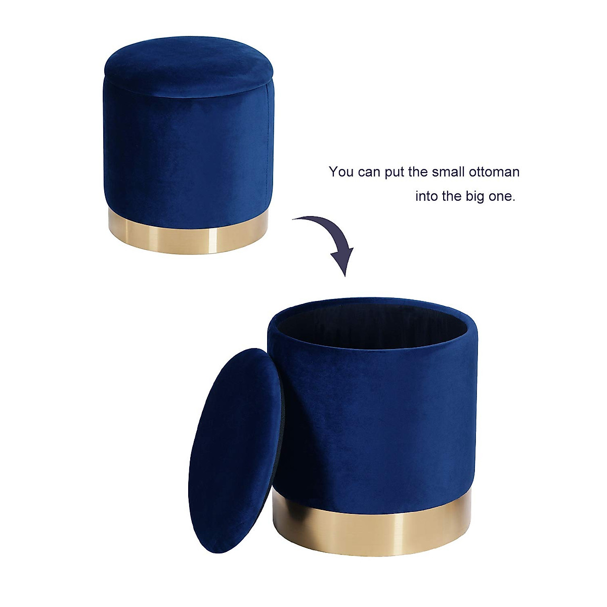 DEERUN Round Velvet Storage Ottoman Foot Rest Stool/Upholstered Footstool with Gold Plating Base,Pack of 2 (Blue)