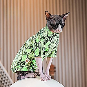 Sphynx Hairless Cat Clothes Spring Summer Limited Edition Snake Skin Pattern Cotton T-Shirts Elasticity Turtleneck Pet Clothes for Cat (M (6-7.7lbs), Fluorescent Green)