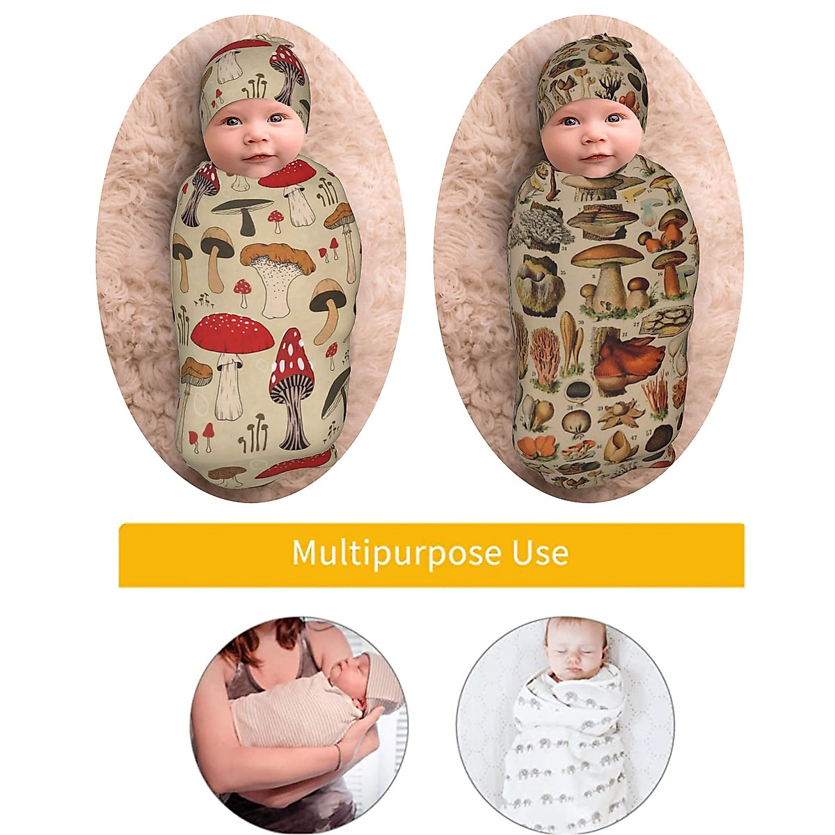 Mushroom Baby Stuff Newborn Swaddle Blanket Baby Blankets Infant Sleep Sack Wrap Soft Stretchy With Beanie Hat For Photography Boy Girl Gifts 2 pack
