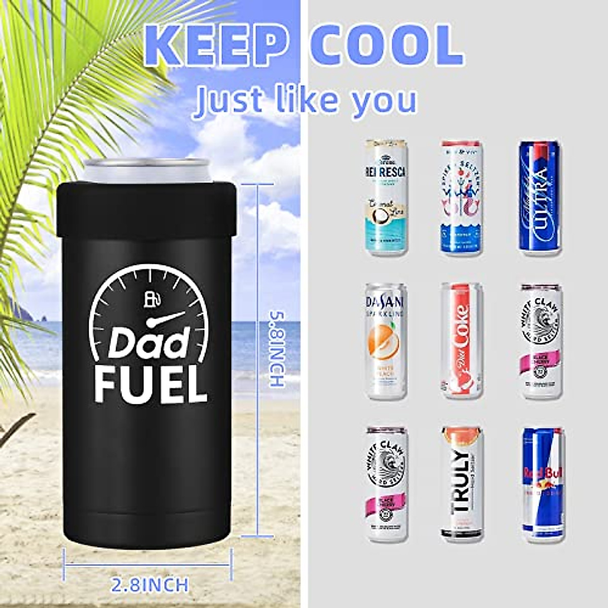 Tutmyrea Stainless Steel Insulated Can Cooler for Father's Day, Double-walled Vacuum Skinny Can Coozie for 12 Oz Tall Slim Cans, Gift for Dad (Dad Fuel-Black)