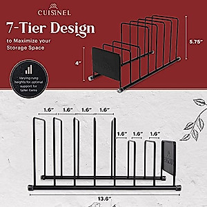 Lid and Dish Organizer Rack - Matte Black Kitchen Storage and Organization Stand - Plate Holder, Pan/Pot Covers, Cutting Board and Cookie Sheet Divider - 7-Tier Cabinet or Counter Display Organizers