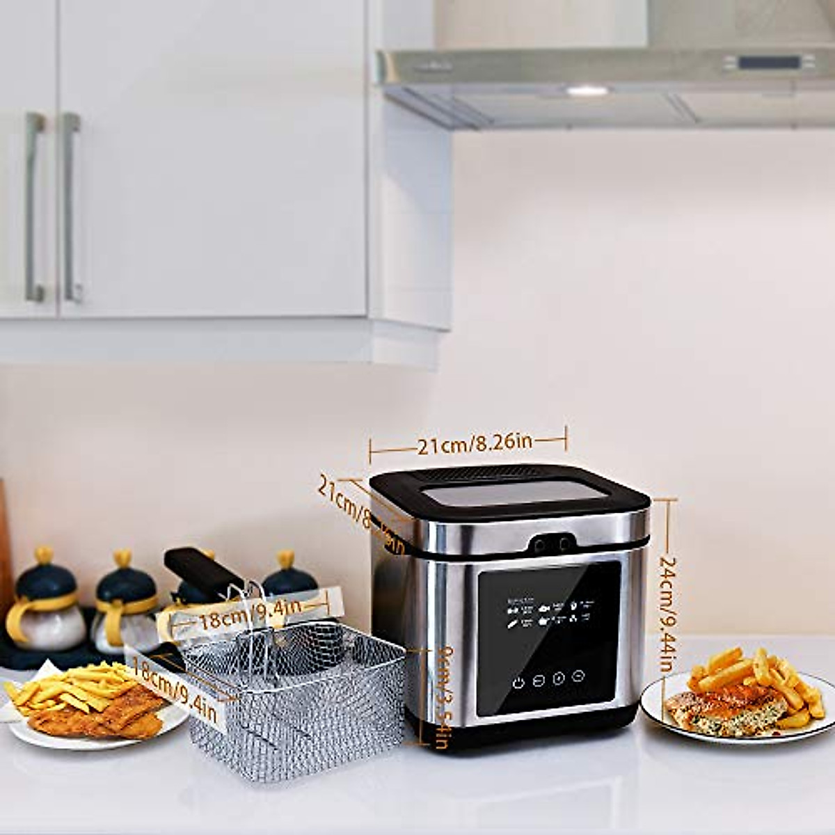 Deep Fryer CUSIMAX Electric Deep Fryer with Basket and Drip Hook, 2.5L/2.6QT Oil Capacity Fish Fryer with Temperature Control, Removable Lid, View Window, Stainless Steel Oil Fryer, 1200W