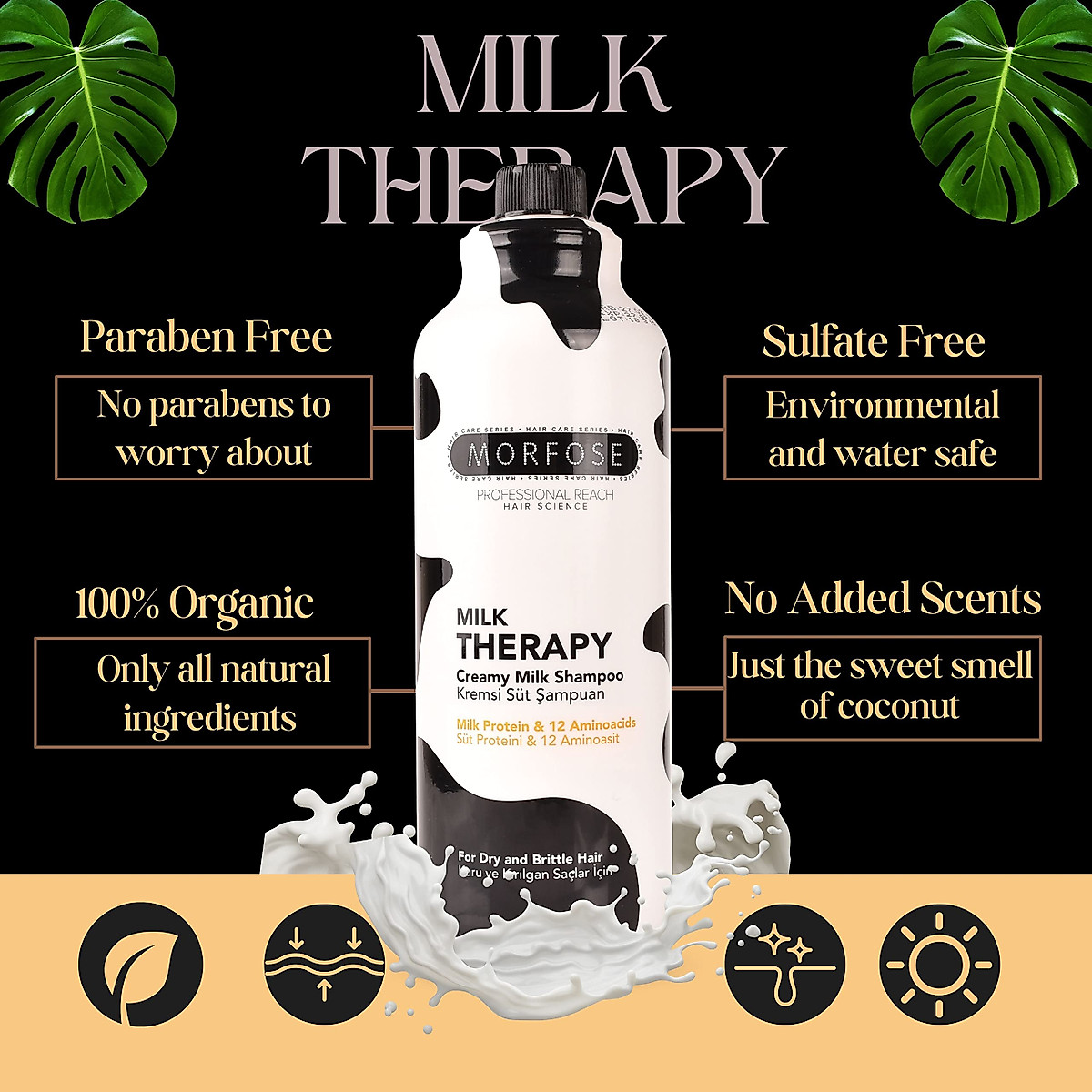 Morfose Professional Milk Therapy Creamy Hair Shampoo for Dry, Damaged, or Brittle Strands, Repairs and Protects, fuller, healthier, softer look, Eliminates Dryness, Damage, and Split Ends, 1000 ml