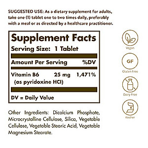 Solgar Vitamin B6 25 mg, 100 Tablets - Supports Energy Metabolism, Heart Health & Healthy Nervous System - B Complex Supplement - Vegan, Gluten Free, Dairy Free, Kosher - 100 Servings