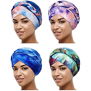 4 Pieces African Women Turban Cap Head Wraps Beaded Headscarf Beanie Wrap