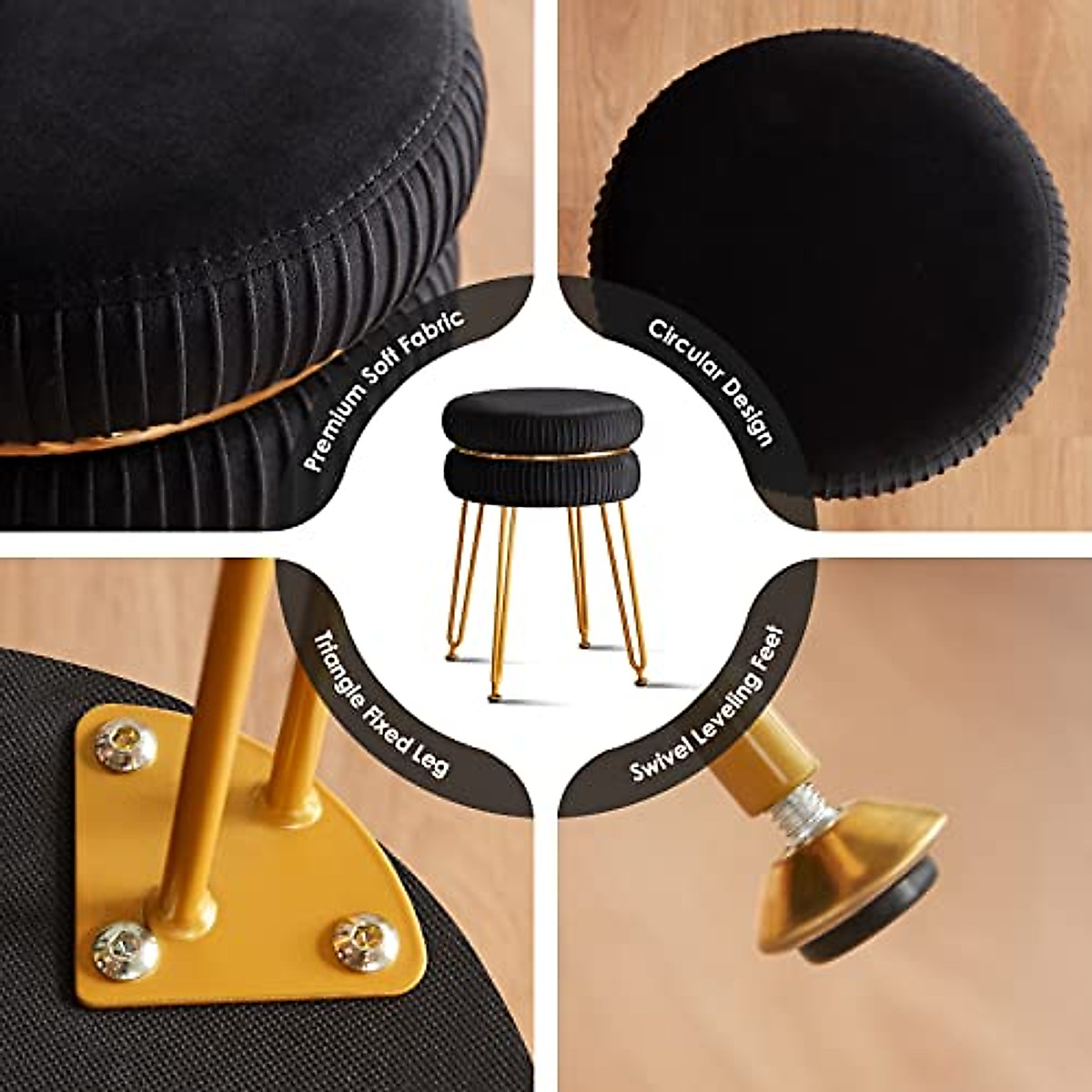 Soohow Velvet Vanity Chair for Makeup Room, Upholstered Foot Stool Vanity Stool, 360° Swivel Round Ottoman Foot Rest Makeup Chair, Vanity Bench Foot Stools Ottoman with Metal Legs for Living Room