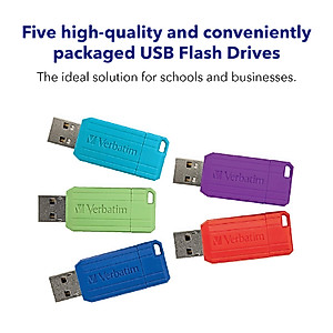 Verbatim 32GB Pinstripe USB 2.0 Flash Drive Retractable Thumb Drive - 5 Pack - Multicolor (Green, Blue, Red, Purple, Cyan)