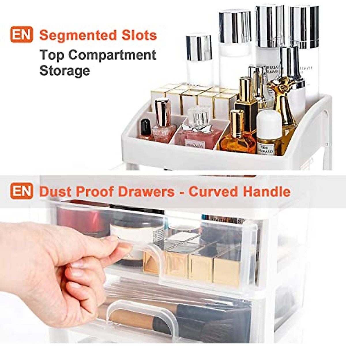 Makeup Organizer for Vanity, Skincare Organizers with 3 Drawers, Cosmetics Organizer for Skin Care, Eyeshadow, Brushes, Lipstick, Powders, Nail Polish.Great for Dresser, Bedroom, Bathroom (White)