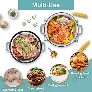 TeamFar 5 Quart Enameled Cast Iron Dutch Oven, 2-In-1 Dutch Oven Pot Cookware with Skillet Lid for Bread Baking Braising Stewing Roasting, Sturdy & Nonstick, Oven Safe & Fit for Induction (Grey)