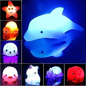 Geolinca Bath Toys, 8 Packs Light-Up Floating Pool Fun Unicorn Dolphin Toys, 7 Color Flashing Bathtub Water Toys for Baby Toddlers Kids Infants Boys Girls Animal Toy Set Colorful