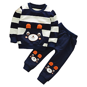 Kids Clothes Set for 2-5 Years Old,Kids Toddler Baby Girl Boy Autumn Winter Warm Striped Bear Tops+Pants Outfits (2-3 Years Old, Navy)