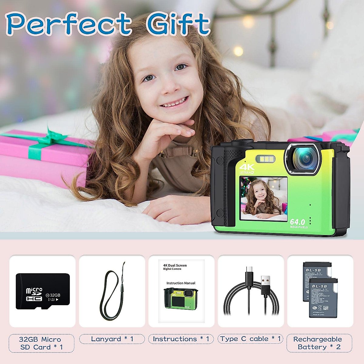 Digital Camera with WiFi 4K 64MP Vlogging Camera for Photography with Dual Screens Point and Shoot Camera with 32GB SD Card, 16X Zoom Compact Camera for Beginners-Tie2