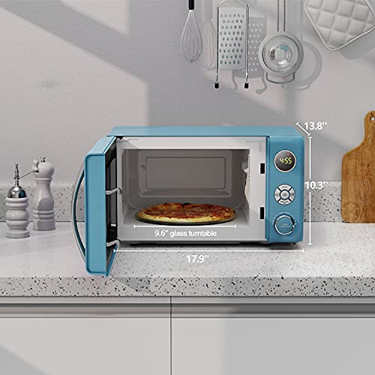 Galanz GLCMKA07BER-07 Retro Microwave Oven, LED Lighting, Pull Handle Design, Child Lock, Bebop Blue, 0.7 cu ft