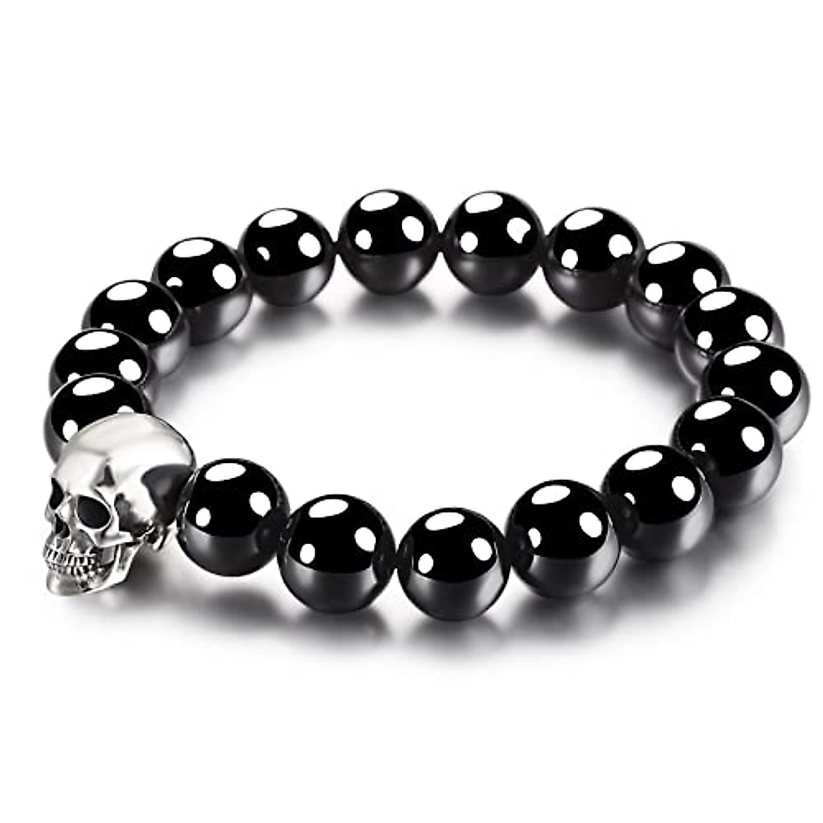 Skullis 0.7" 925 Sterling Silver Carved Skull & Black Obsidian Beads Bracelet, Crystal Healing. (M, Fit wrist size: (171-186) mm)